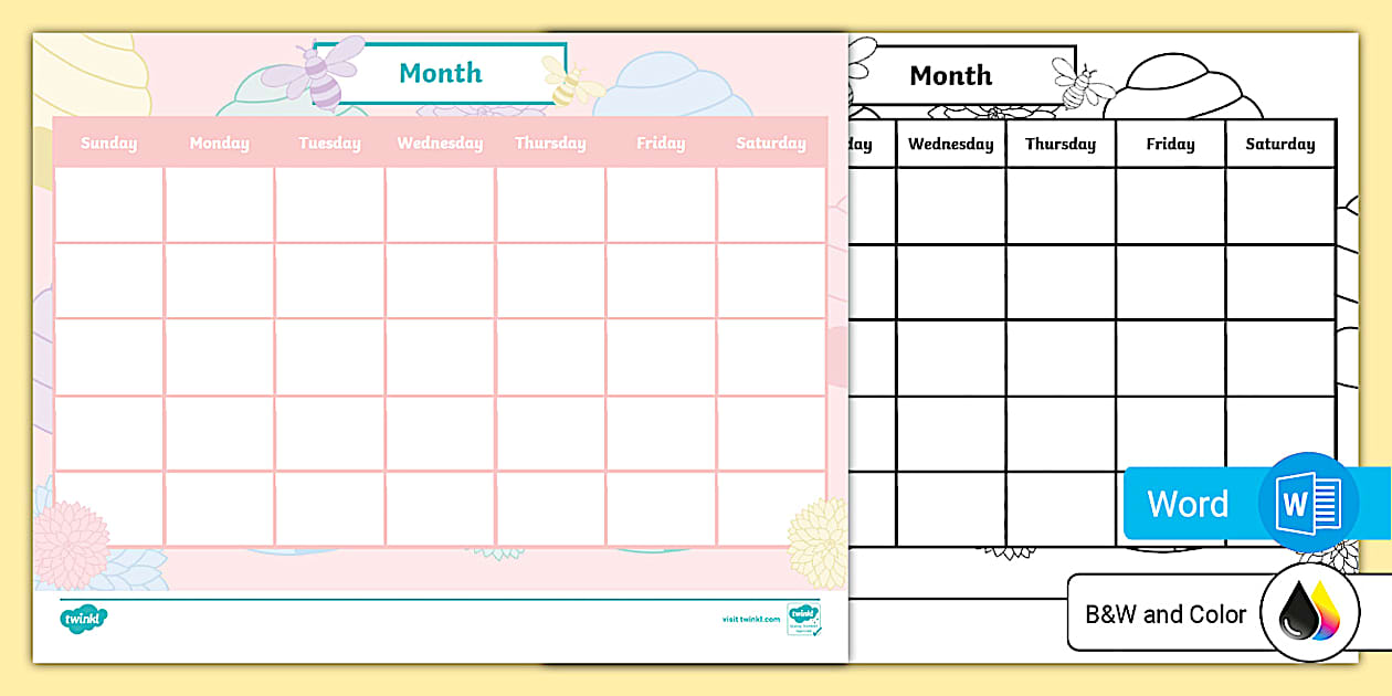 Editable Pastel Bee Theme Calendar