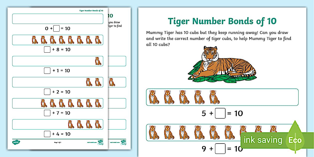 Editable Tiger Number Bonds to 10 Worksheet - Twinkl