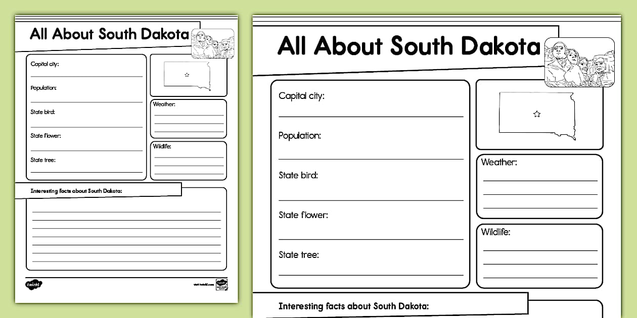 All About South Dakota Research Worksheet for K-2nd Grade