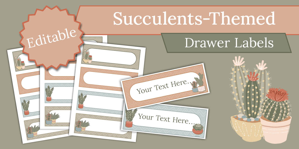 Succulents-Themed Editable Drawer Labels