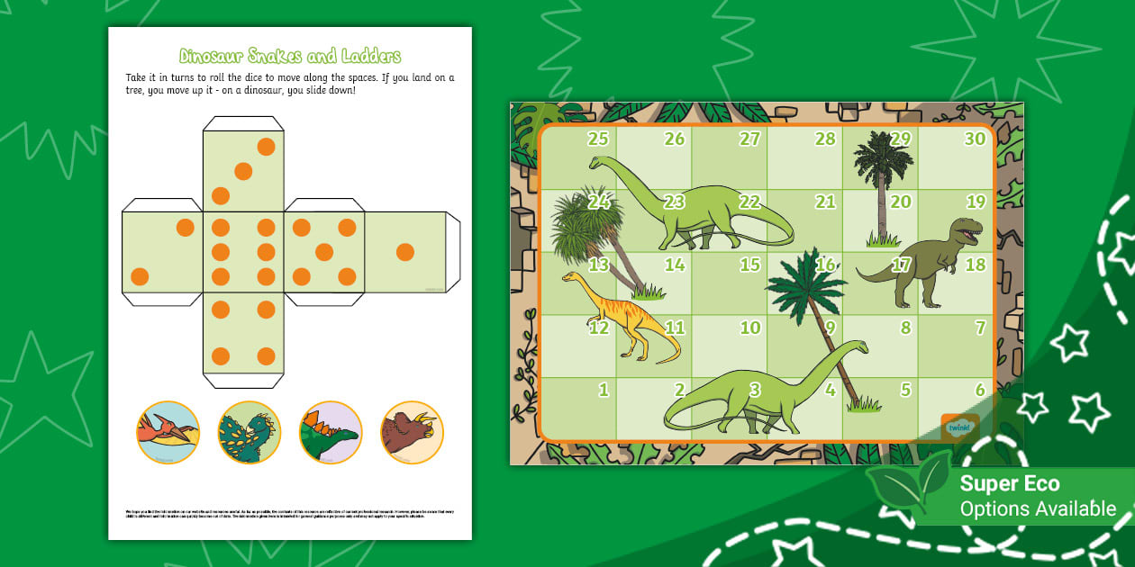 Dinosaur Snakes and Ladders (teacher made) - Twinkl