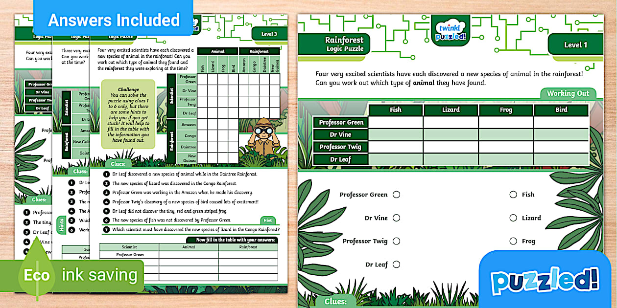Animals of the rainforest logic puzzle - Twinkl - Puzzles