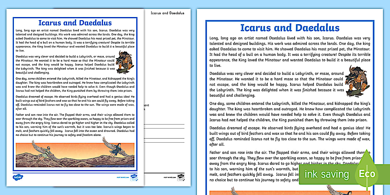 Fourth Grade Daedalus and Icarus Reading Comprehension Worksheet