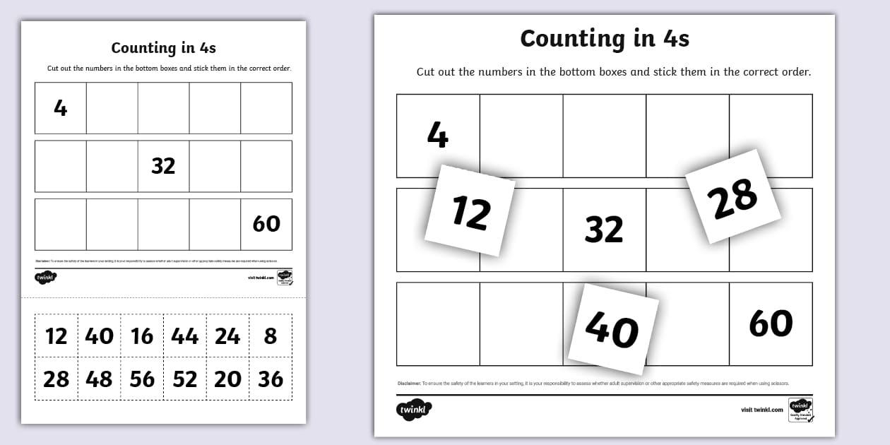 👉 Counting in 4s Cut and Stick Maths Worksheet - Twinkl