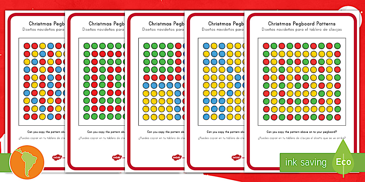 Christmas Pegboard Pattern Cards - English/Spanish - Twinkl