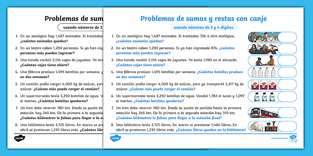 Problemas de sumas y restas con canje usando números de 3 y 4 dígitos