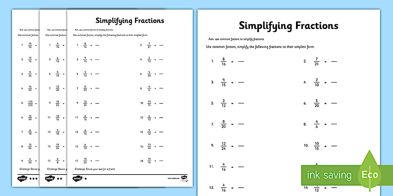 Simplifying Fractions Worksheet | Primary Resource - Twinkl Simplifying Fractions Worksheet | Primary Resource - Twinkl