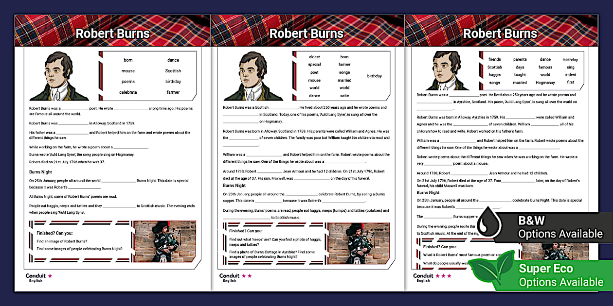 Reinforcing Reading: Robert Burns Cloze Passages - Twinkl