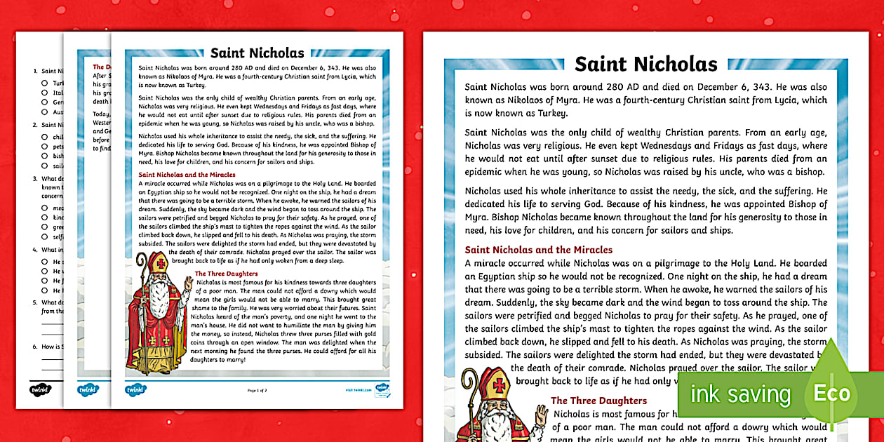 Editable Fifth Grade Saint Nicholas Reading Comprehension Worksheet
