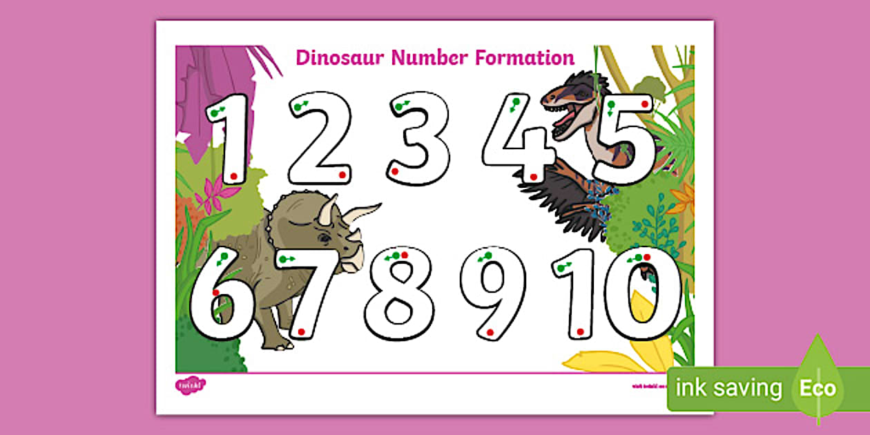 Black and White Dinosaur-Themed Number Formation 1-10 Worksheet
