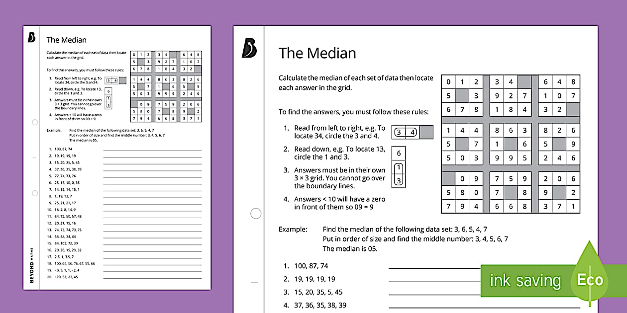 Number Search Puzzle: The Median Worksheet | KS3 Maths