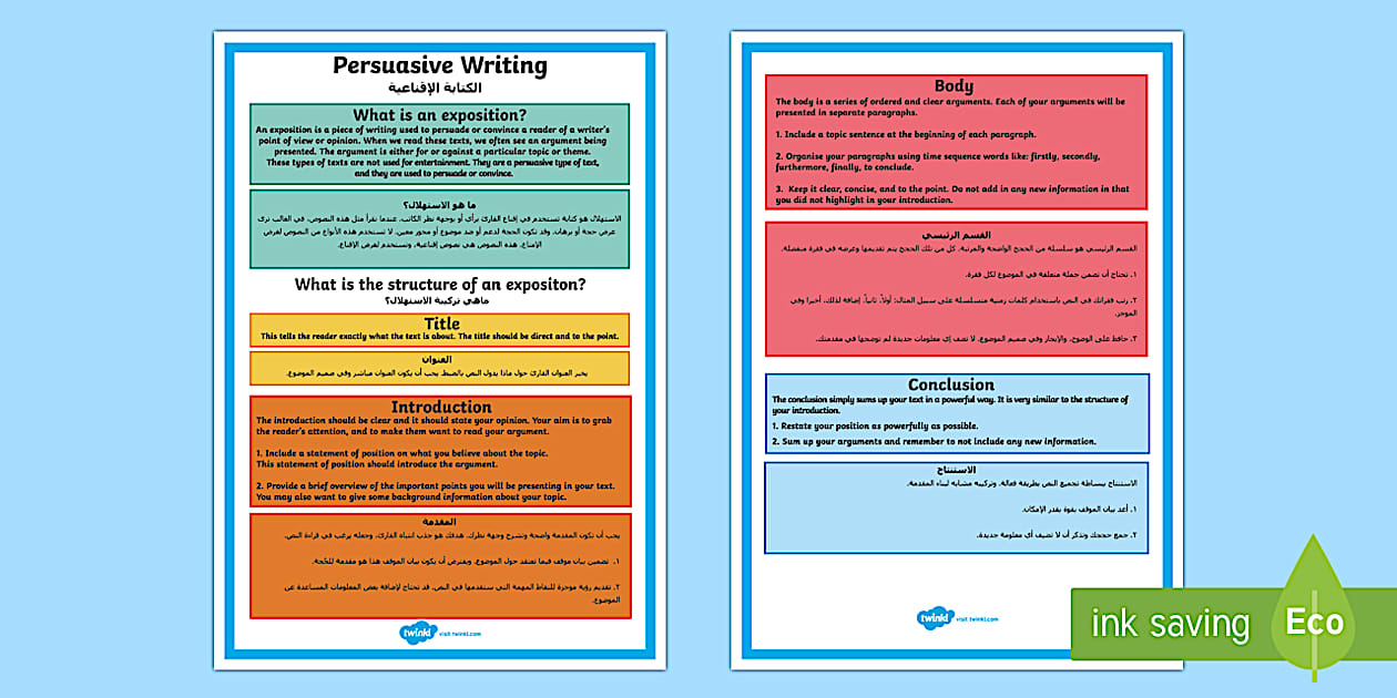Year 5 Persuasive Writing A4 Display Poster Arabic/English