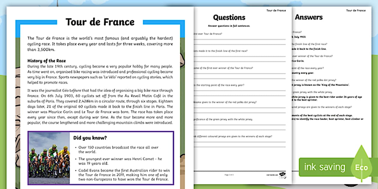 Lower Ability Tour de France Differentiated Reading Comprehension Activity