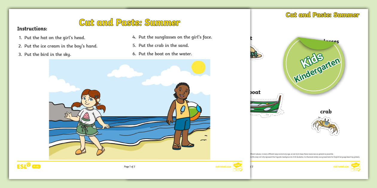 FREE! - ESL Summer Cut and Paste Activity [Kindergarten, Pre-A1]