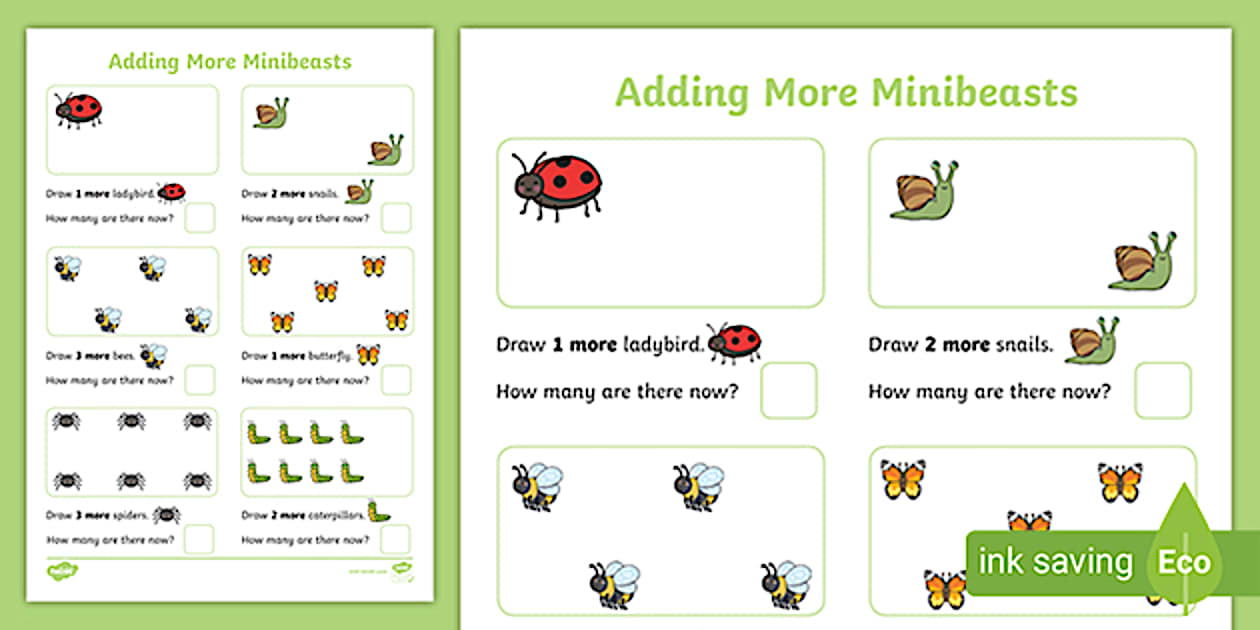 👉 Adding More Minibeasts Maths Worksheet (teacher made)