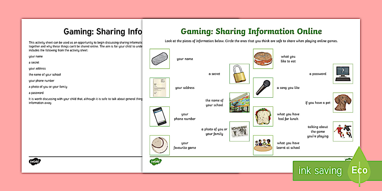 Gaming: Sharing Information Online Worksheet (teacher made)