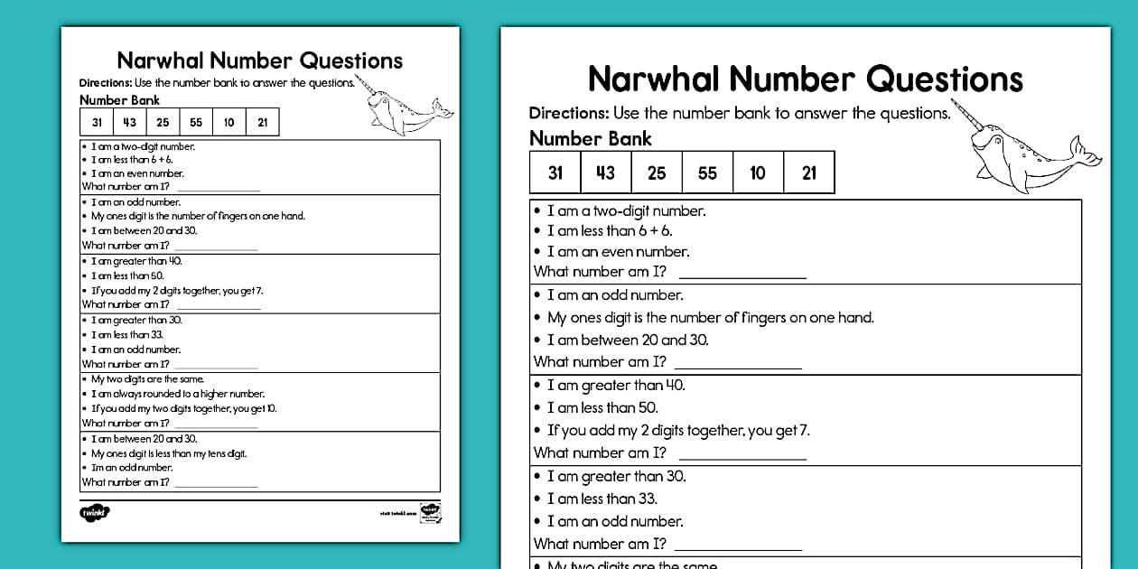 Second Grade Narwhal Number Questions (teacher made)