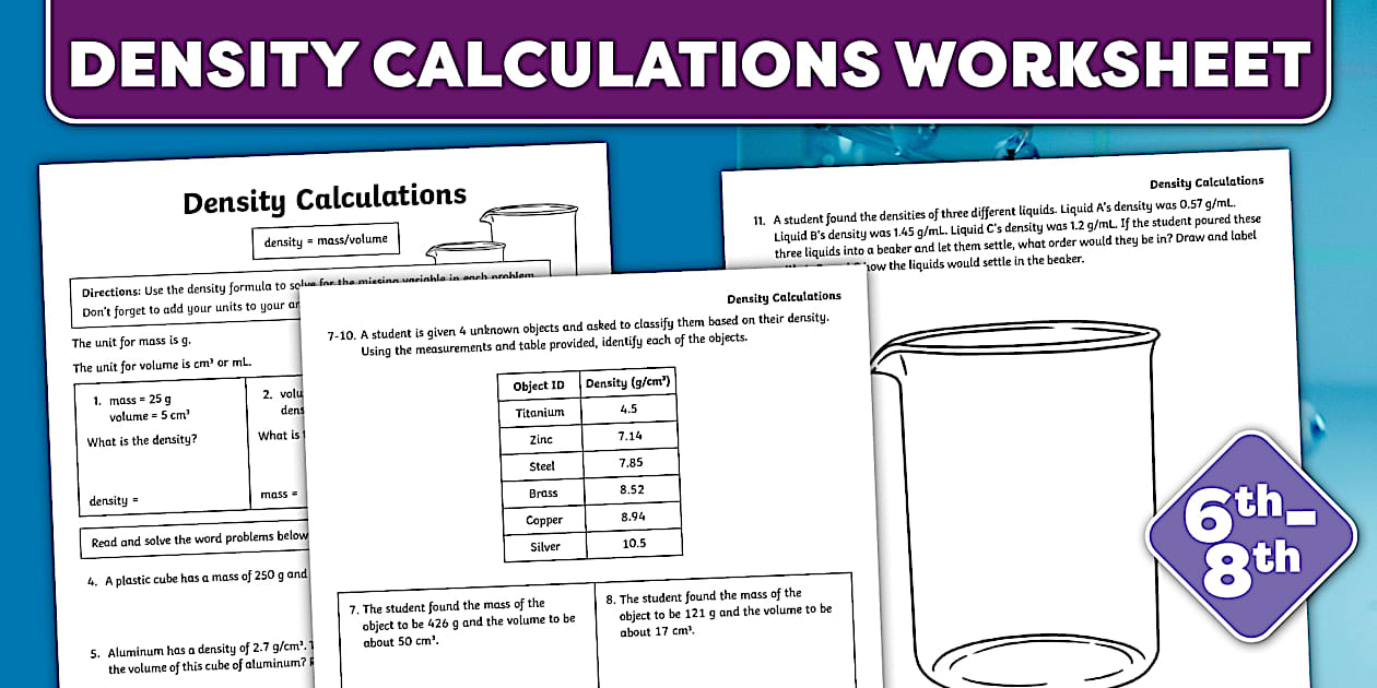 Mass, Volume, and Density Calculations Sheet for 6th-8th Gr