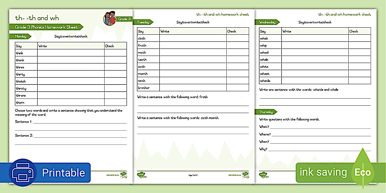 Grade 3 Phonics th-, -th and wh Homework Sheet - Twinkl