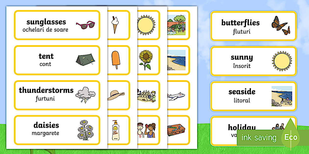 Summer Word Cards English/Romanian - Summer Word Cards