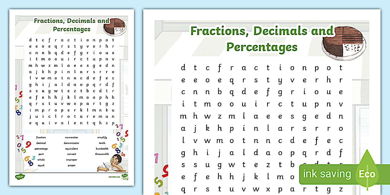 👉 Fractions, Decimals, Percentages Word Search - Maths - KS2 - Twinkl