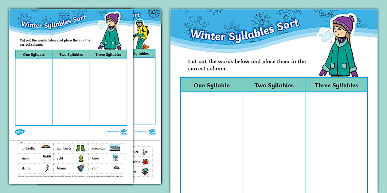 Winter-Themed Syllables Sorting Cut and Paste Activity