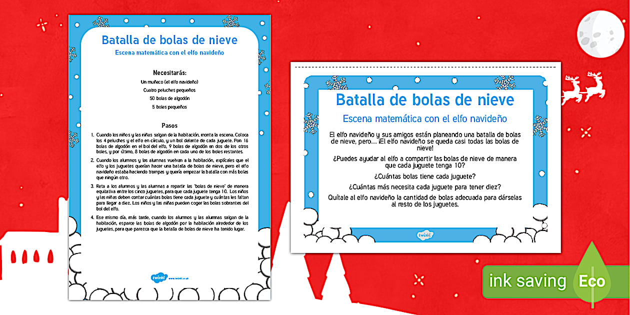 Escena matemática con el elfo navideño: Batalla bolas nieve