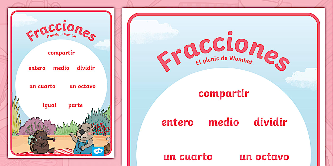 Tapiz de vocabulario: fracciones -El pícnic de Wombat-Twinkl