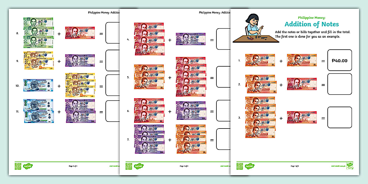 Philippine Money: Addition of Notes | Grade 1 | Twinkl