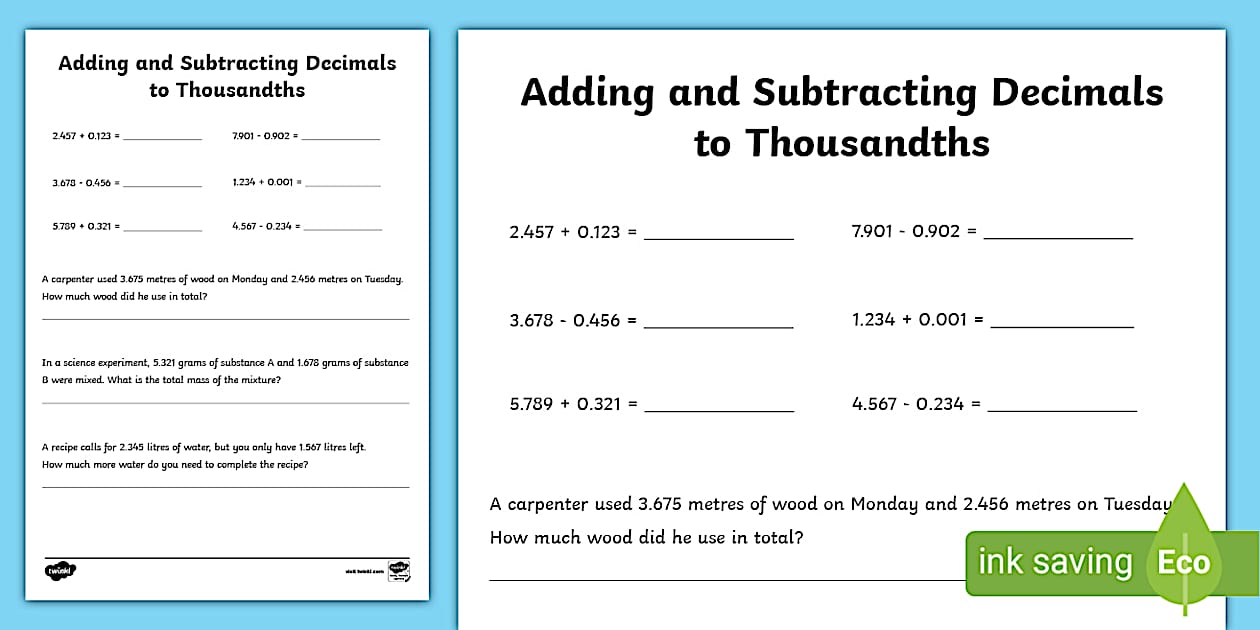 👉 Addition and Subtraction to Thousandths Worksheet