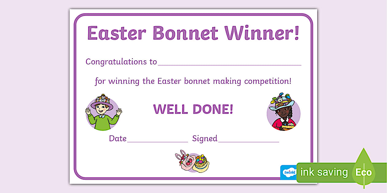 Easter Bonnet Winner Certificate