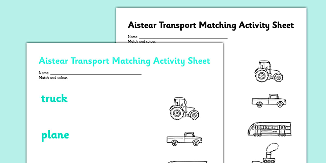 Black and White Aistear Transport Matching Worksheet