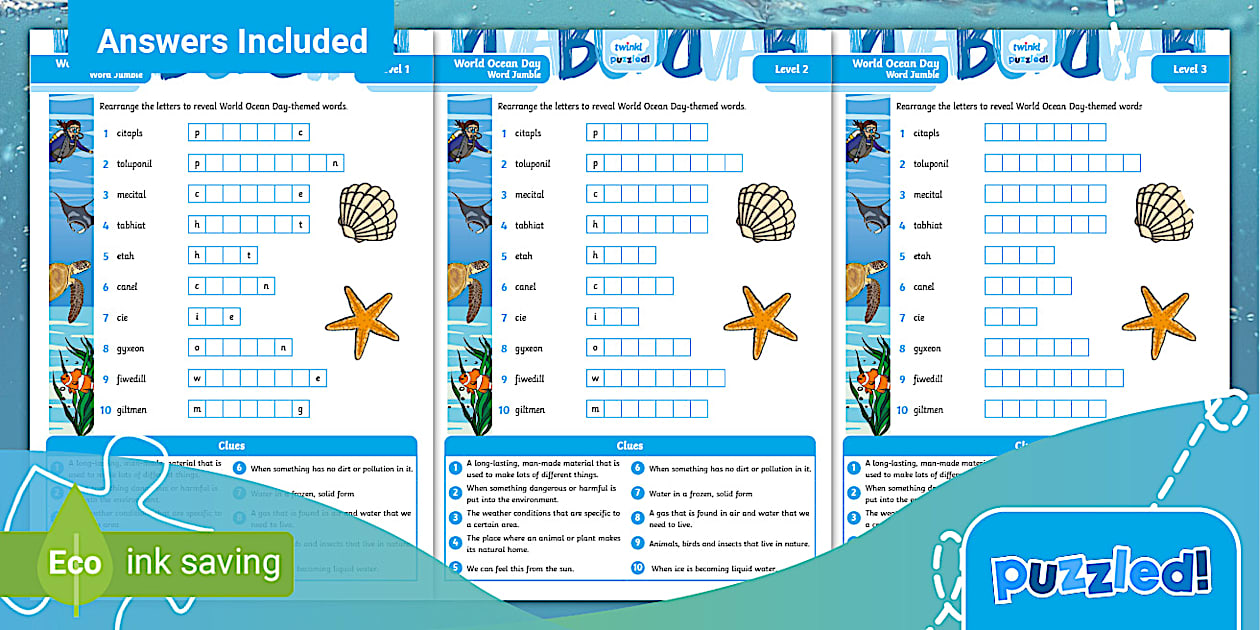 World Ocean Day Word Jumble - Twinkl Puzzled - kids - Twinkl