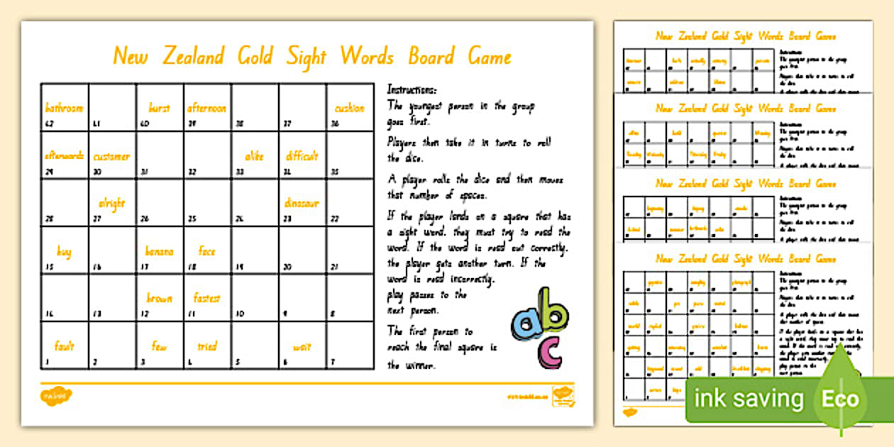 New Zealand Gold Sight Words Board Game (teacher made)