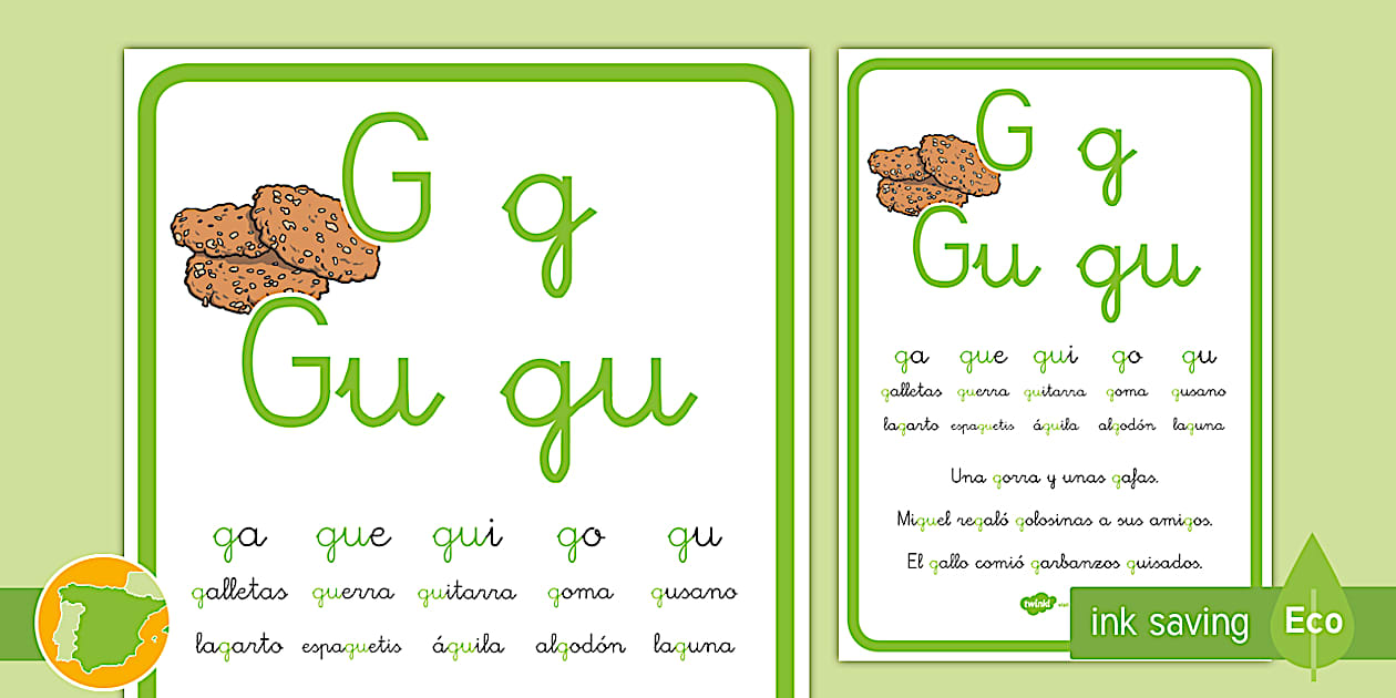 Cartilla de lectura: La G y la Gu (teacher made) - Twinkl
