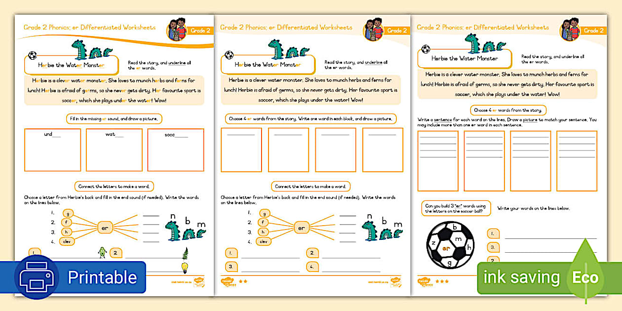 Grade 2 Phonics: -er Differentiated Worksheets - Twinkl