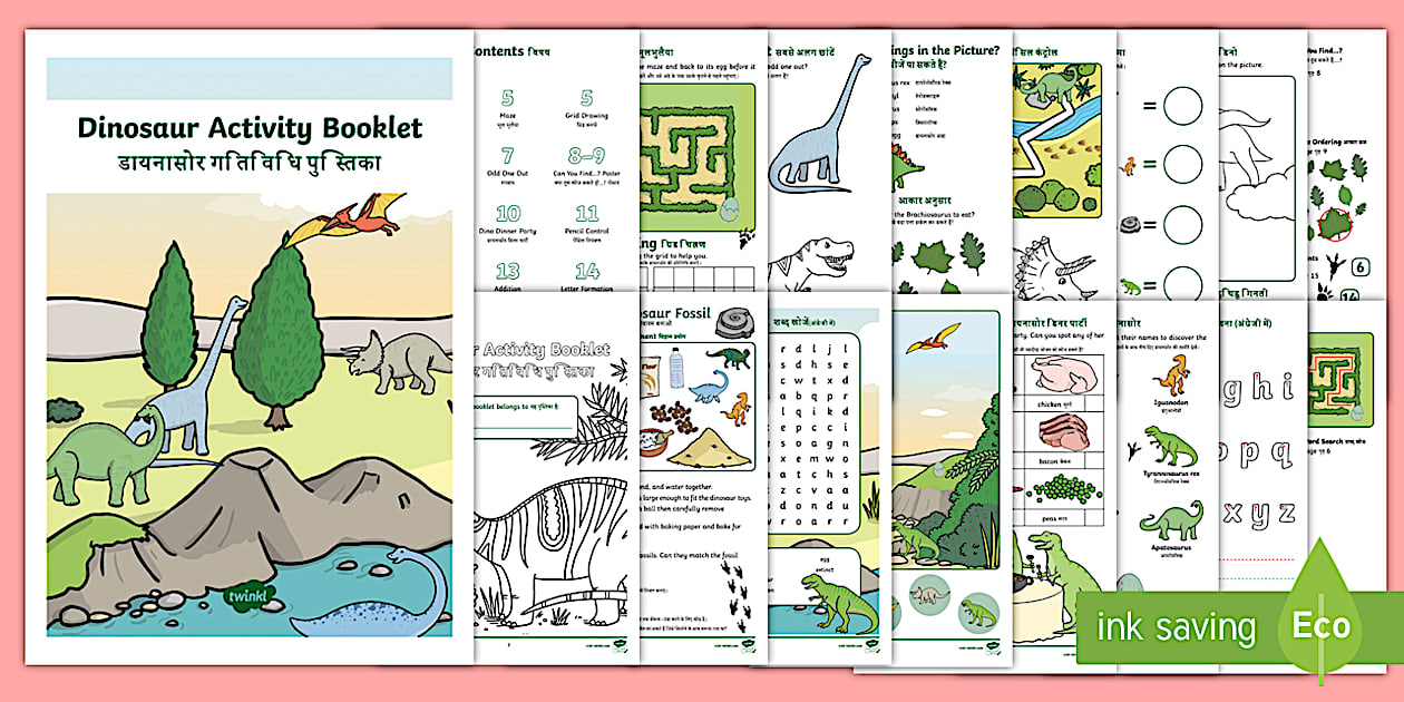 Dinosaur Themed Activity Booklet English/Hindi - Twinkl