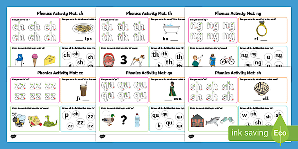 Cursive EYFS Phase 3 zz, qu, sh, ch, th, ng Phonics Activity Mats