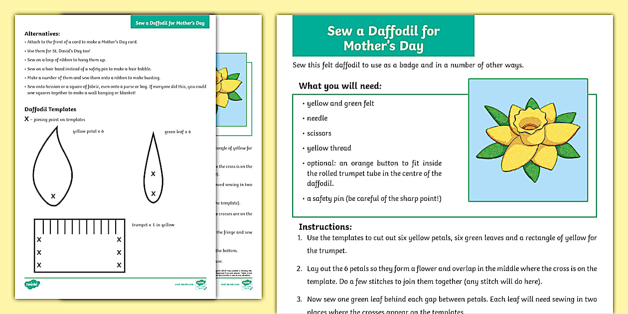 NEW Mother's Day Sew a Daffodil Badge Craft (teacher made)