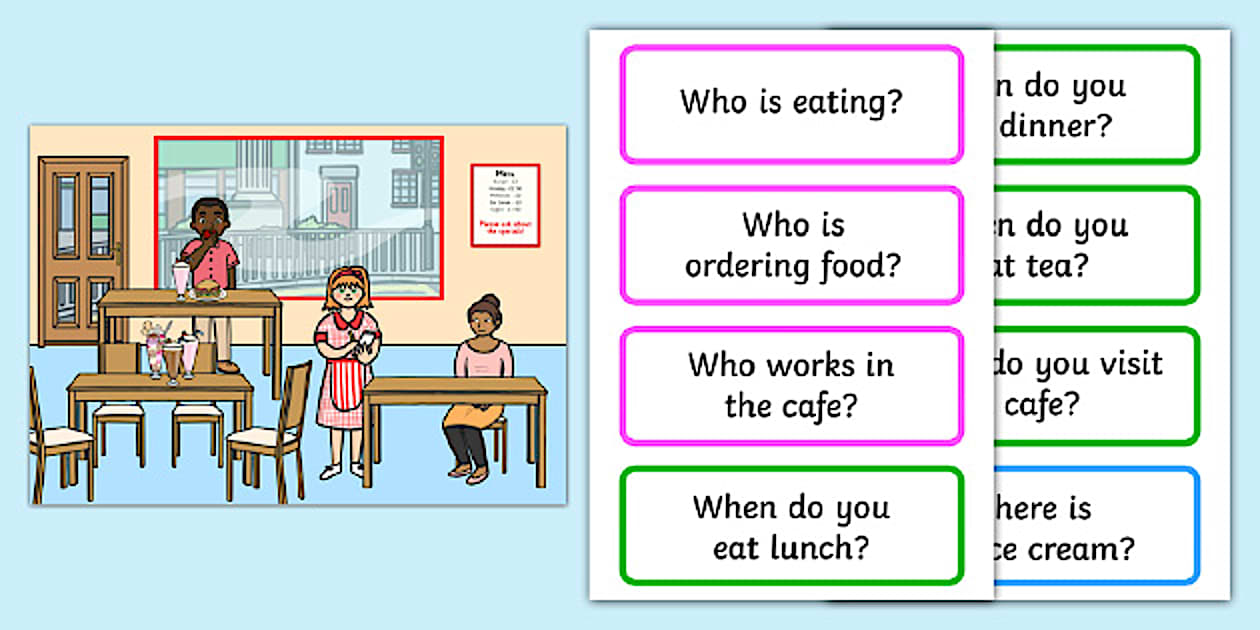 Cafe Picture and Questions (teacher made) - Twinkl