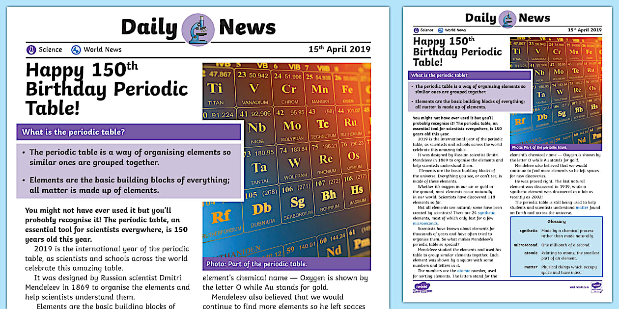 UKS2 Periodic Table Daily News Story (teacher made) - Twinkl