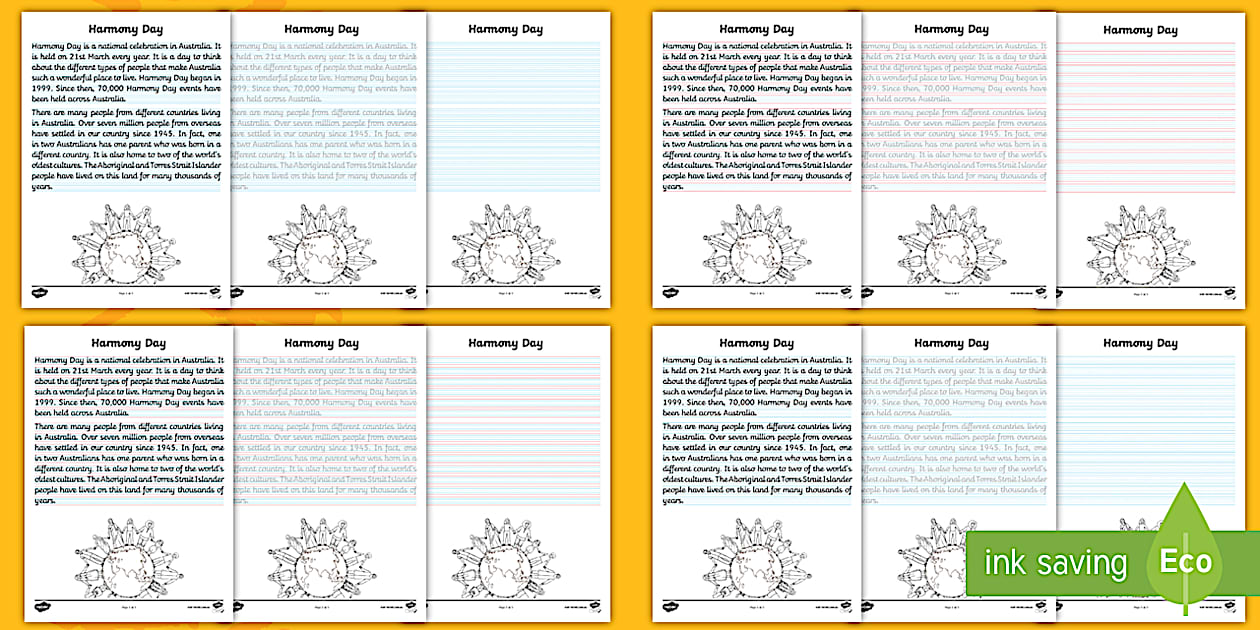 NSW Harmony Day Handwriting Worksheet (teacher made)