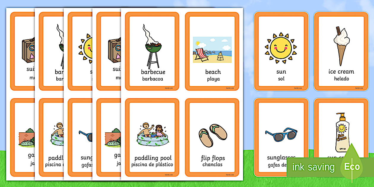 Summer Matching Cards English/Spanish - Summer Pairs Matching Game