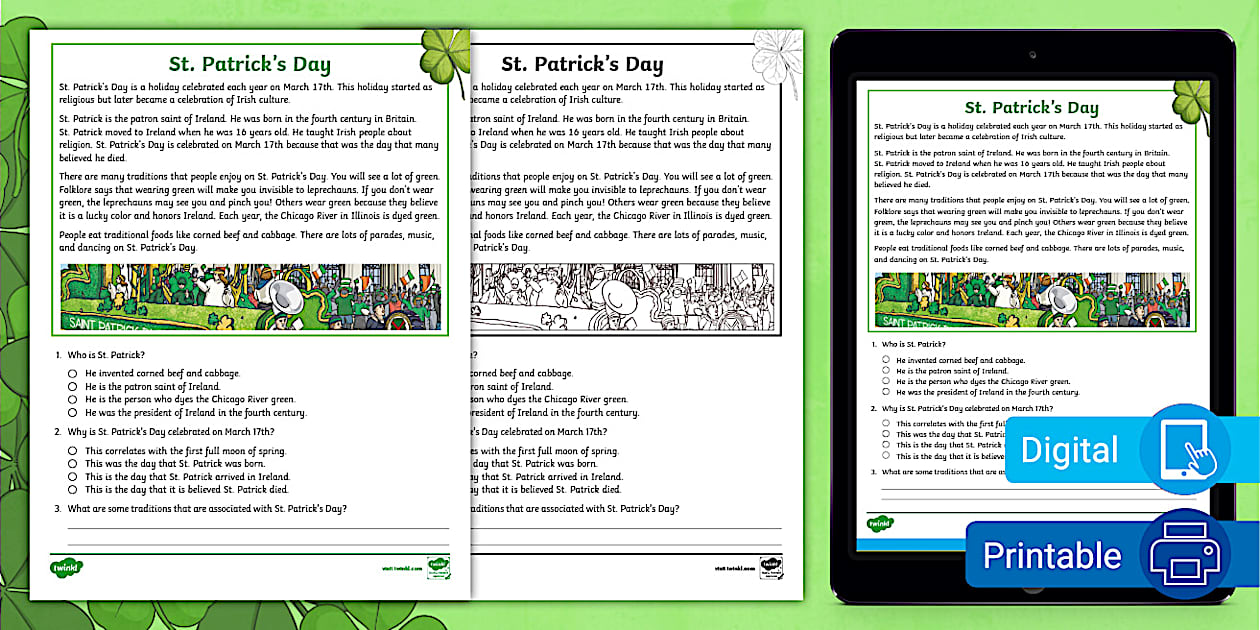 St. Patrick's Day Reading Passage | 4th Grade Resource