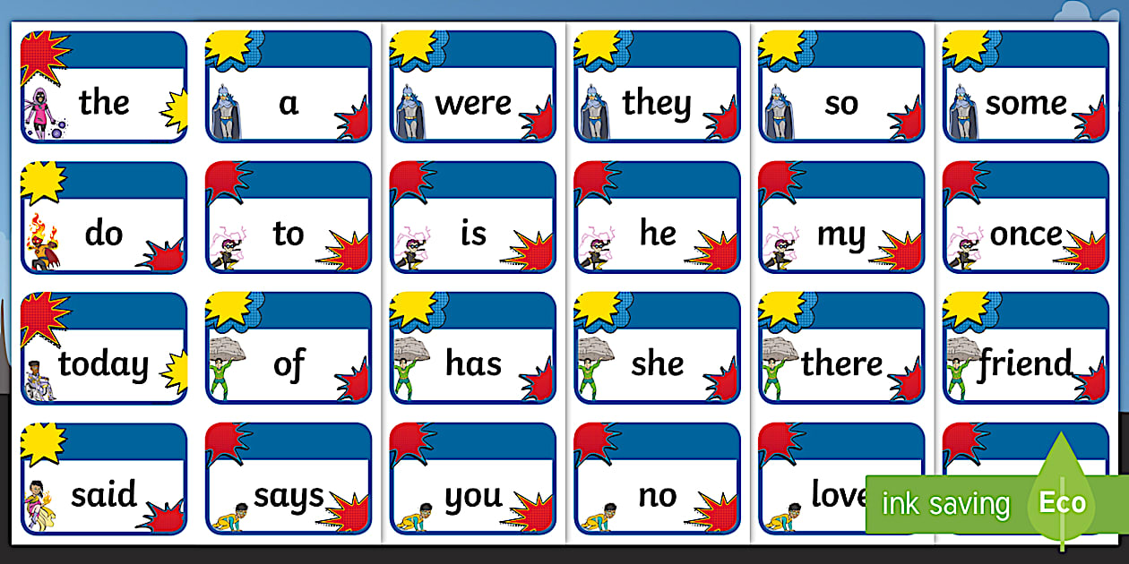 Cursive Superhero Themed Year 1 Common Exception Words Flashcards