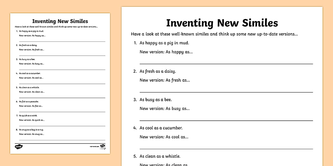 Editable KS2 Inventing New Similes Worksheet - Twinkl