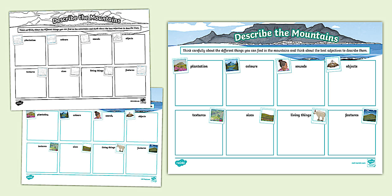 Mountain Adjectives Worksheet (teacher made) - Twinkl