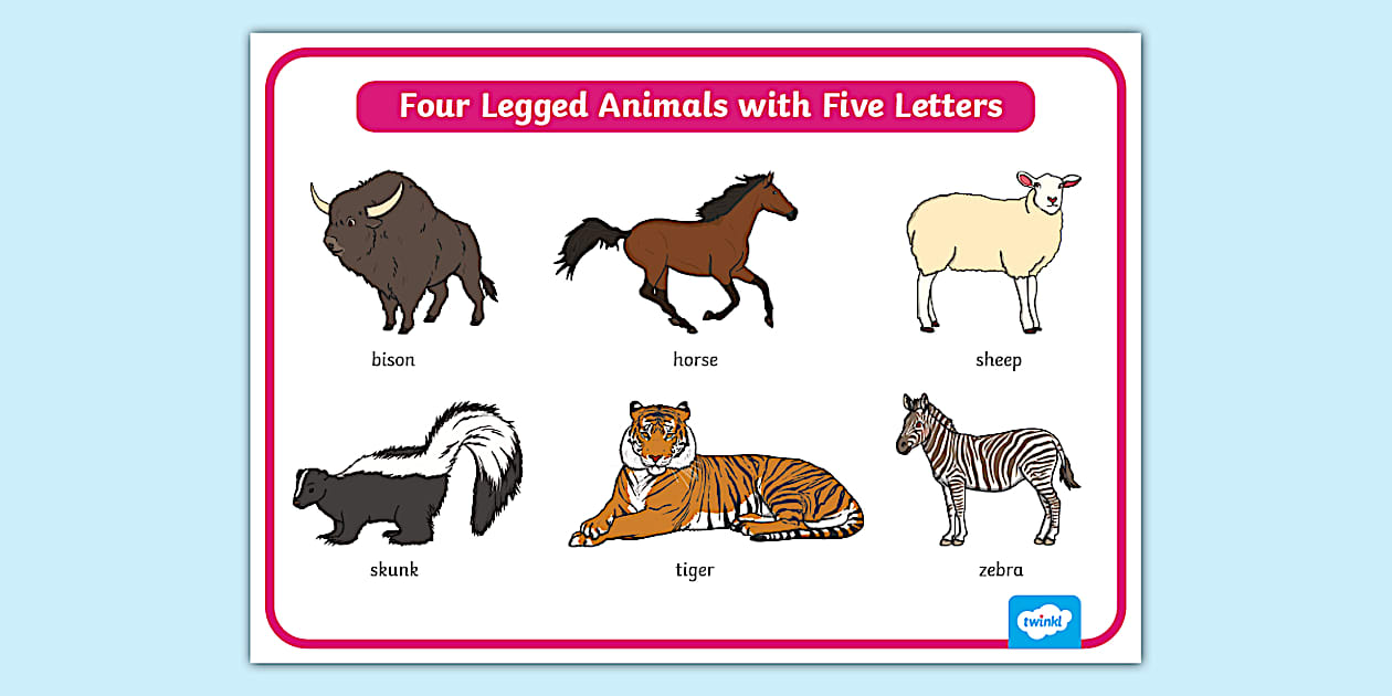 Four Legged Animals with Five Letters Display Poster