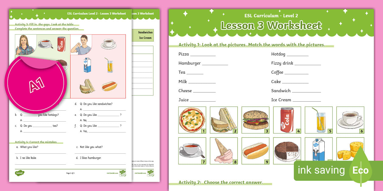 ESL Curriculum Level 2, Lesson 3 Worksheet (teacher made)