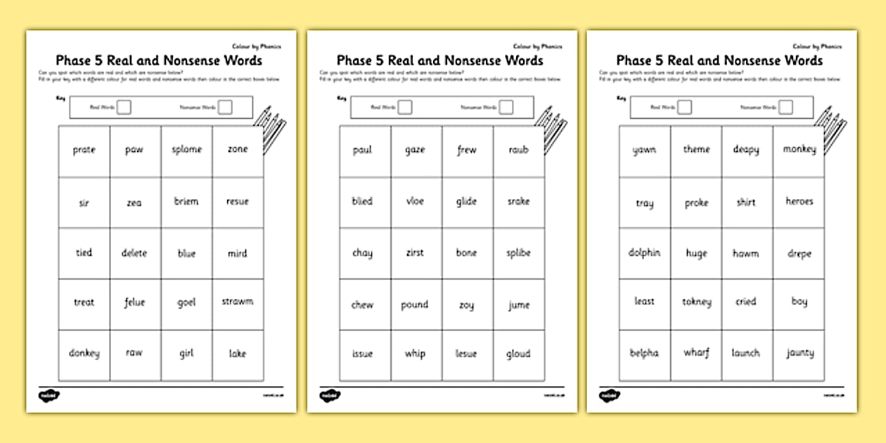 Editable Phase 5 Colour by Phoneme Real and Nonsense Words Worksheet Pack